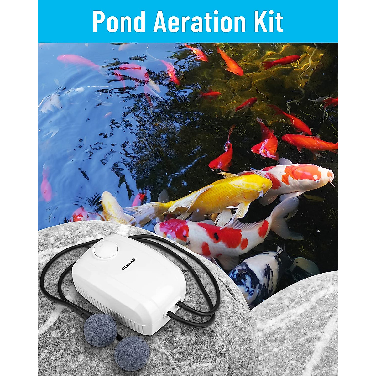 FUMAK Pond Aeration Kit – Koi Pond Aerator Pond Air Pump Kit for Pond up to 2000 Gallons Pond Deicer All-in-One Pond Aeration System with Double Outlets Check Valves Airline Tubing Air Stones