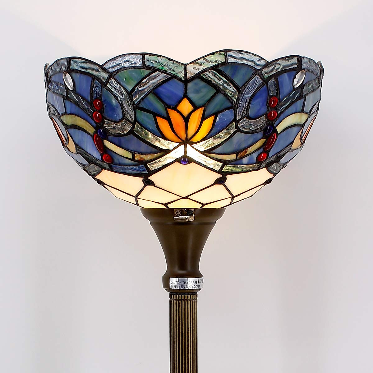 WERFACTORY Tiffany Floor Lamp Blue Lotus Flower Stained Glass Light 12X12X66 Inches Pole Torchiere Standing Corner Torch Uplight Decor Bedroom Living Room Home Office S220 Series