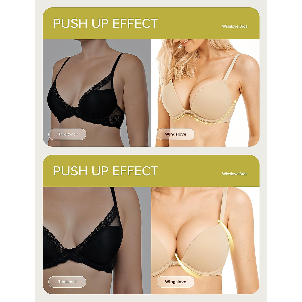 Wingslove Women's Push Up Bra Deep V Plunge Underwire T-Shirt Bra Multiway 2 Cups Up（Nude,32D
