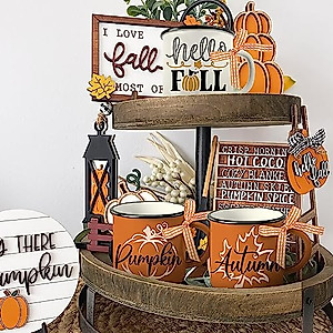 Paayna Hello Fall Mini Coffee Mug Set of 3, Autumn Pumpkin Maple Leaf Mini Coffee Cups for Tiered Tray Decor, Farmhouse Kitchen Coffee Bar Decorations Centerpieces Thanksgiving Housewarming Gift