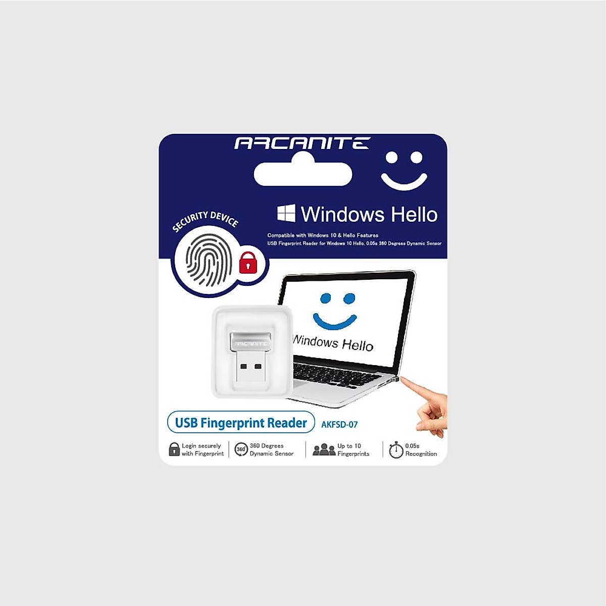 ARCANITE USB Fingerprint Reader for Windows 11/10 Hello Desktop, Laptop, 0.05s 360-Degree Sensor Security Device Login, Security Lock