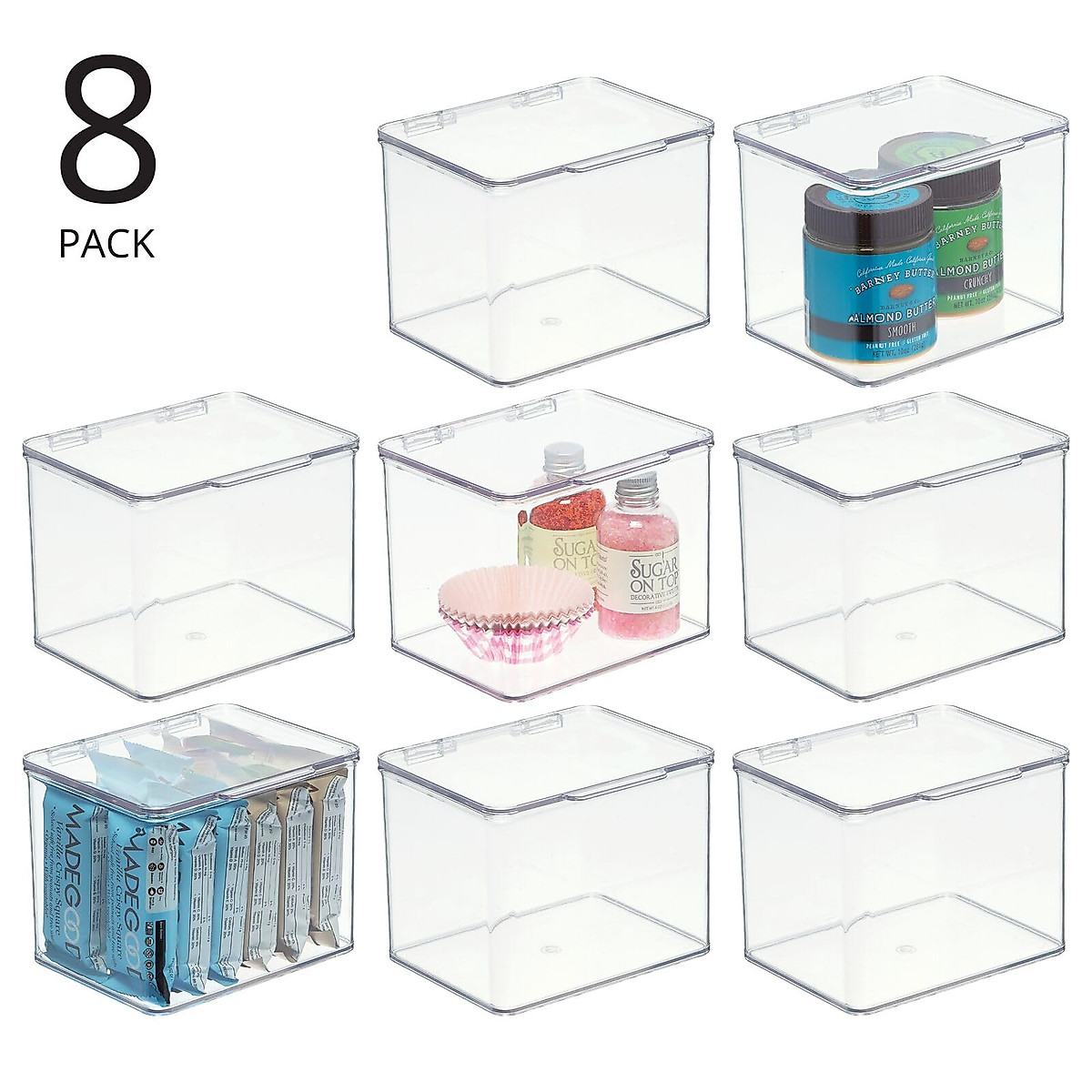 mDesign Plastic Kitchen Pantry and Fridge Storage Organizer Box Containers w/Hinged Lid for Shelves or Cabinets, Holds Food, Snacks, Seasoning, Condiments, Utensils, Lumiere Collection, 8 Pack, Clear