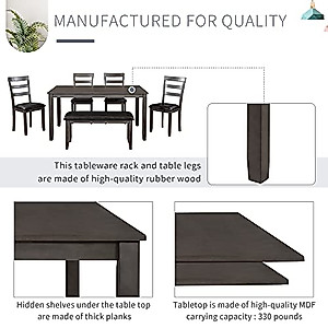 MOEO 6 Piece Kitchen Table Set, Wood Dining Faux Marble Top Diningtable with 4 PU Cushion Chairs & Bench for Breakfast Nook, Bar, Living Room, Gray, Brown