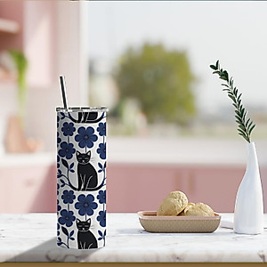 Medpol Cat and floral print tumbler with lid and straw 20 oz insulated tumbler cups Cat and floral print insulated travel coffee mugs for women cute sippy cups stainless insulated travel cups