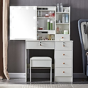 Jansaimei White Vanity Table Set with Mirror and Lights and 3 Color Light Settings, Makeup Vanity Desk Multiple Drawers Capacity with Chair and Mirror. Dressing Table for Girls and Women.
