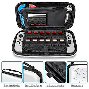 All in 1 Accessories Kits for Switch OLED 2021 Model：Case & Screen Protector, Hand Grips & Racing Wheels for Joy con, Controller Charger Dock, Carrying Case & More -White