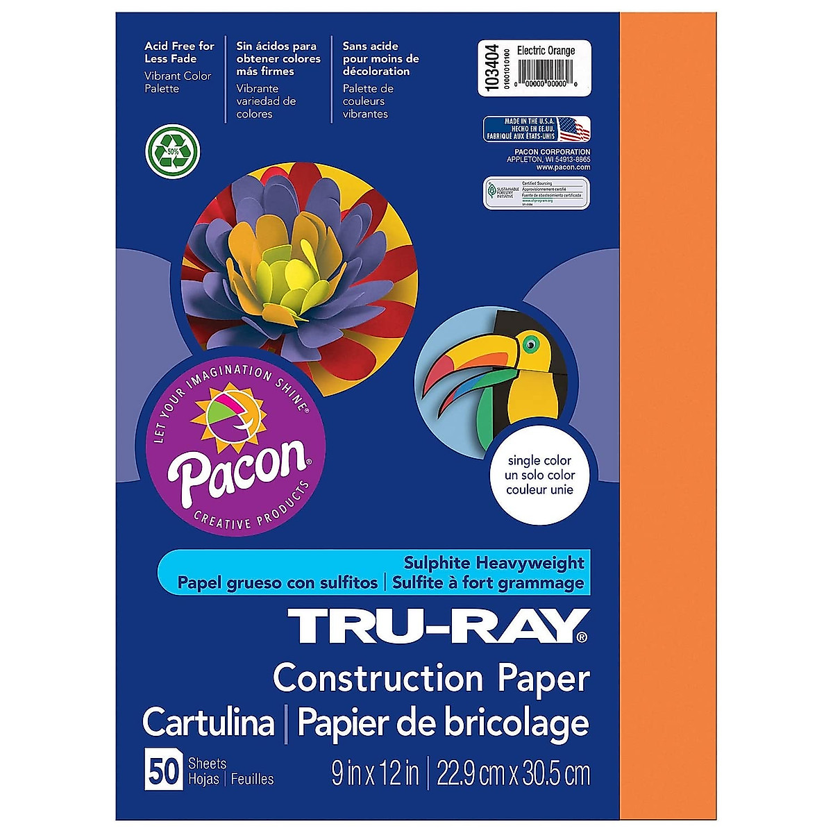 Pacon Tru-Ray 9-inch x 12-inch Construction Paper, Electric Orange, 50 Sheets/Pack, 5 Packs (PAC103404-5)