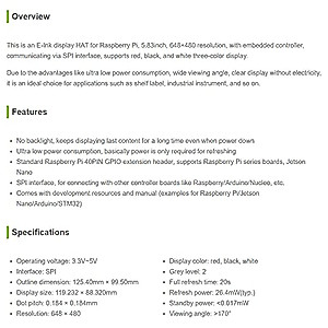 waveshare 5.83inch E-Ink Display HAT Compatible with Raspberry Pi 4B/3B+/3B/2B/B+/A+/Zero/Zero W/WH/Zero 2W Series Boards 648×480 Resolution Red/Black/White Three-Color SPI Interface