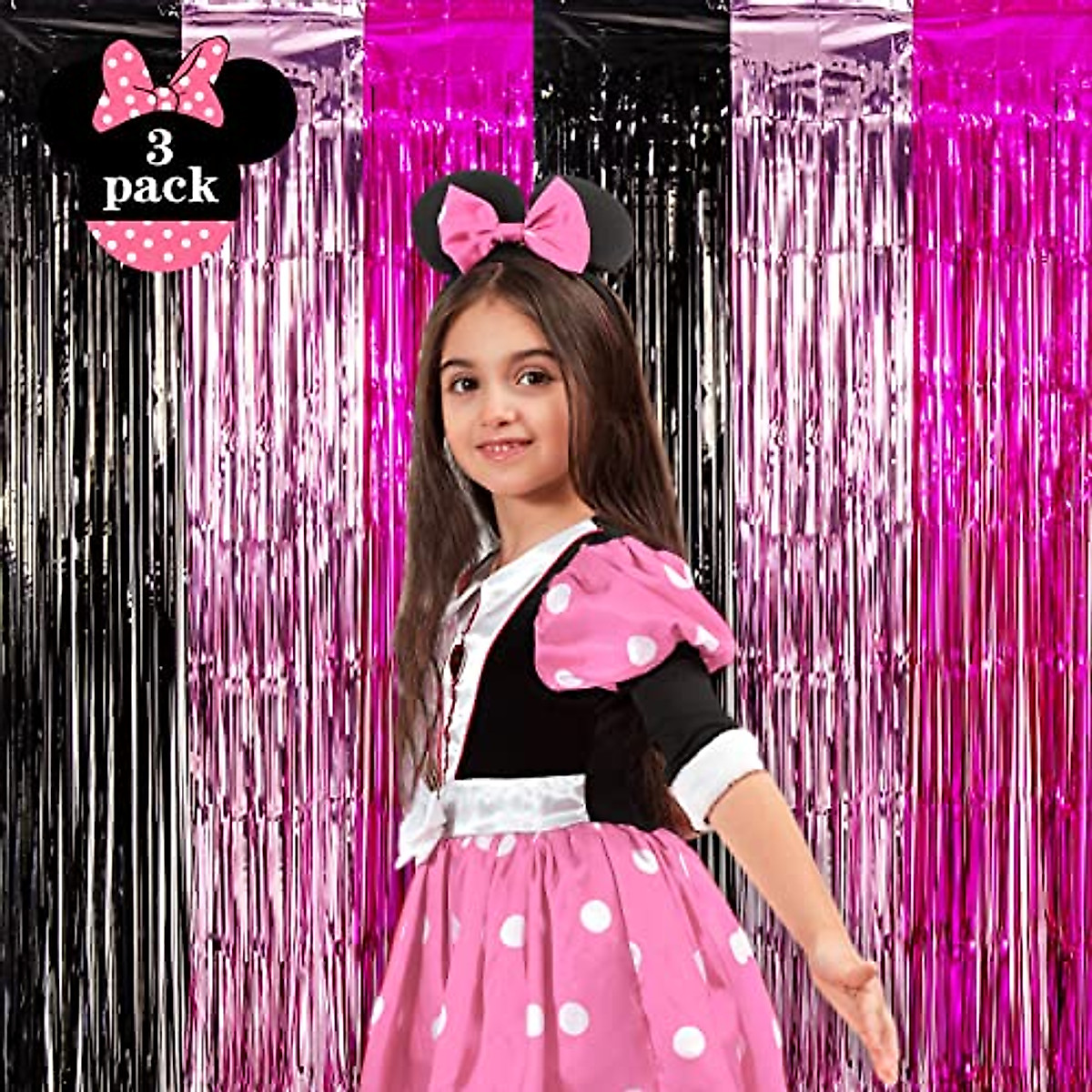 LOLStar 3 Pack Minnie Birthday Party Supplies,3.3x6.6 ft Black Pink Fuchsia Tinsel Foil Fringe Curtains,Cartoon Mouse Photo Booth Prop Streamer Backdrop,Minnie Themed Party Decoration for Girls Babies