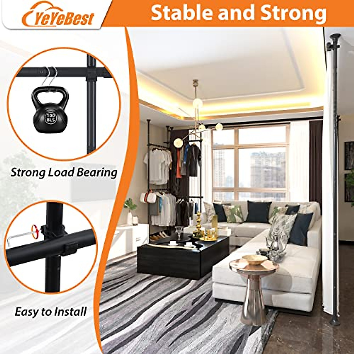 YeYeBest Clothes Rack, 2 Tier Closet Organizers And Storage Free Standing Closet Ceiling Link Floor Hanger for Hanging Clothes Adjustable Floor to Ceiling for Bedroom Laundry Room Black