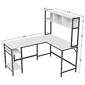 Cubiker L-Shaped Desk with Hutch, 60" Corner Computer Desk, Home Office Gaming Table with Storage Shelves, Space-Saving, White
