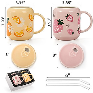 Noamus 2 Pack Cute Ceramic Mugs with Lid and Straw, 13 Oz Fruits Pattern Coffee Cup with Handle, Handmade Strawberry Orange Tea Cup for Office Home, Hot Ice Water Chocolate Milk, Women Gift