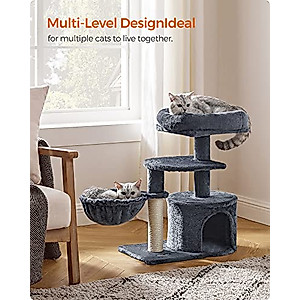 Feandrea Cat Tree, Small Cat Tower, Cat Condo, Kitten Activity Center with Scratching Post, Basket, Cave, Smoky Gray UPCT59G