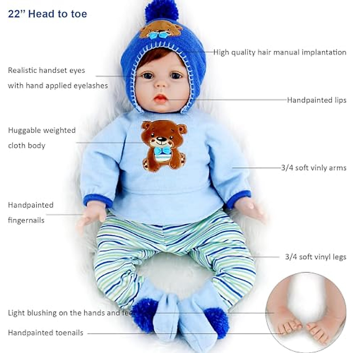 Aori Reborn Baby Dolls Boy 22 Inch Realistic Lifelike Newborn Baby Doll with Teddy Toy and Doll Accessories for Children 3+