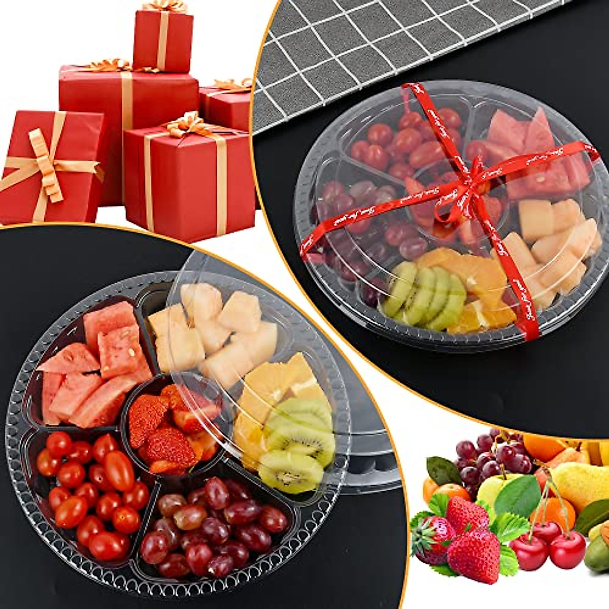 10 Pack Round Appetizer Serving Trays with Lids, 10 Inch Clear Plastic Veggie Fruit Snack Vegetable Food Serving Platters, Disposable Compartments 6 Sectional Catering Trays for Party and Buffet