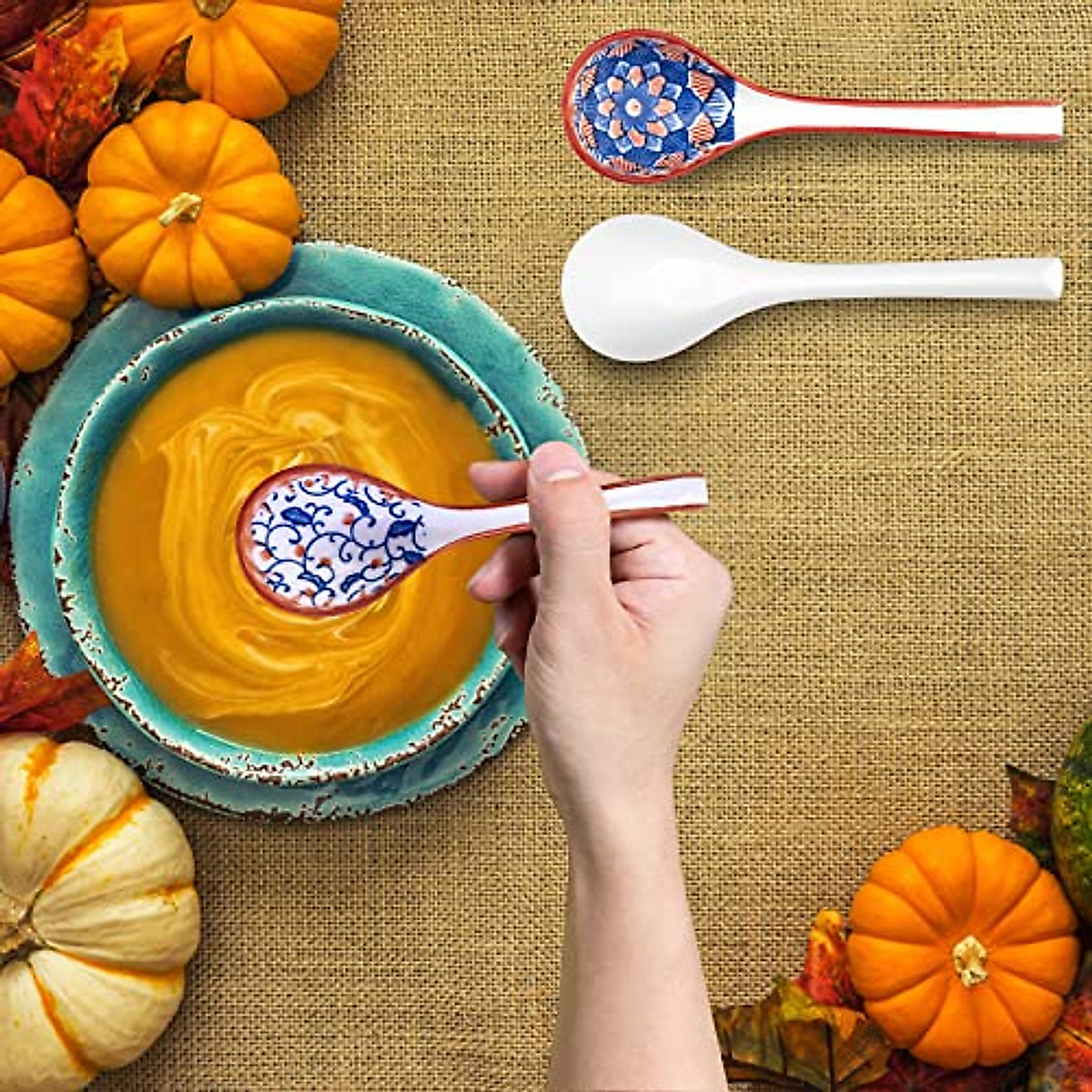 Asian Ceramic Soup Spoons Japanese - Soup Spoons with Long Curved Handle for Ramen Noodles,Dumpling,Rice(4 Pcs)