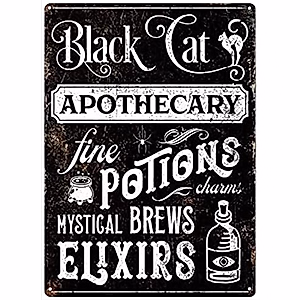 Curteny Tin Sign Vintage Wall Poster Retro Metal Black Cat Apothecary Fine Potions & Elixirs Holiday Wall Poster Plaque for Home Kitchen Bar Coffee Shop 8x12 Inch