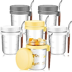 Set of 6 Overnight Oats Containers with Lids and Spoons 12 oz Overnight Oats Jars Glass Oatmeal Mason Jars Cereal Cup Airtight Jars with Measurement Marks for Yogurt Milk (Gray, White, Light Yellow)