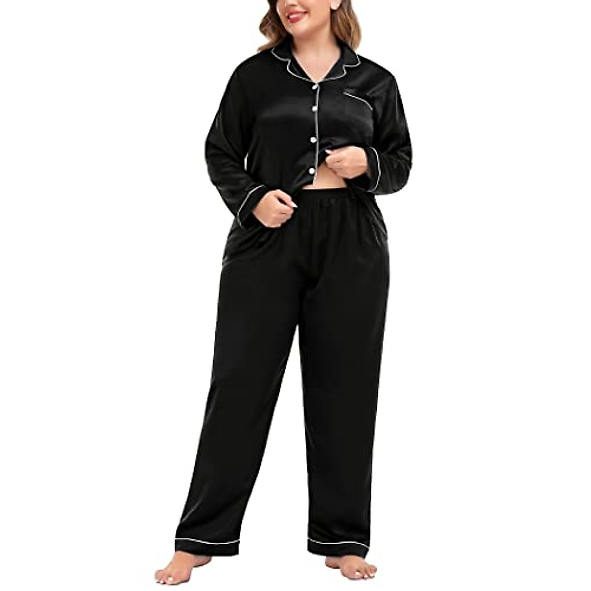 SWOMOG Plus Size Pajamas Long Sleeve Pajama Set Silk Pj Set Button Down Sleepwear Bridesmaid Pjs Satin Pajama Set 18W Black