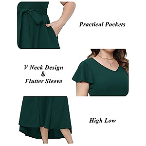 Plus Size Holiday Dress Women Emerald Dark Green High Low V Neck Long Flowy Elegant Dresses with Pockets