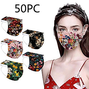 HEALT 50PC Flower Disposable Face_Masks with Designs for Spring Summer, 3-Ply Floral Facemasks with Nose Wire for Women Men (Style-19) Multicolor