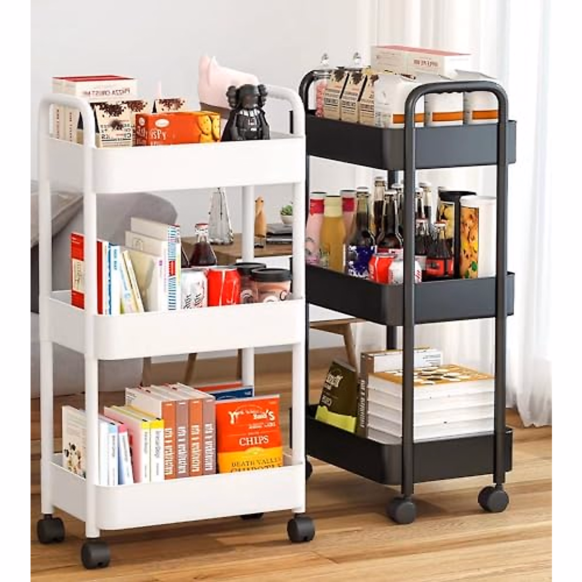 3-Tier Plastic Rolling Utility Cart Storage Cart Organizer with Wheels Small Laundry Room Cart for Dorm Organization Bathroom Kitchen Office (White)