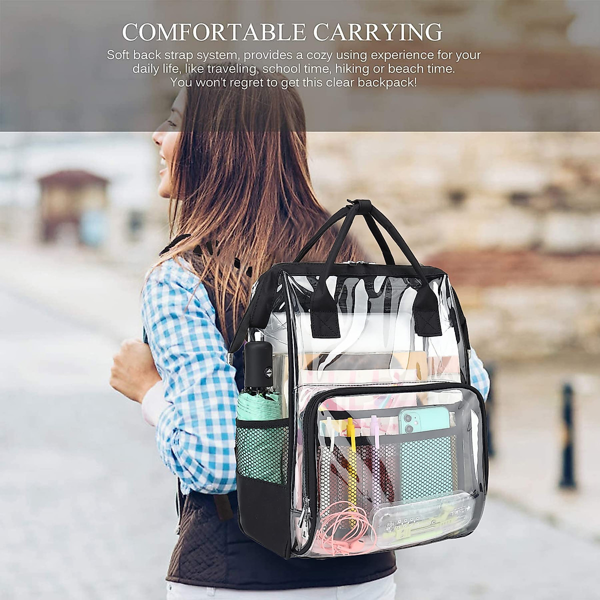 Heavy Duty Clear Backpack for Men Women, School Bag Bookbag PVC Plastic Transparent Backpacks for Boys Girls (Black)