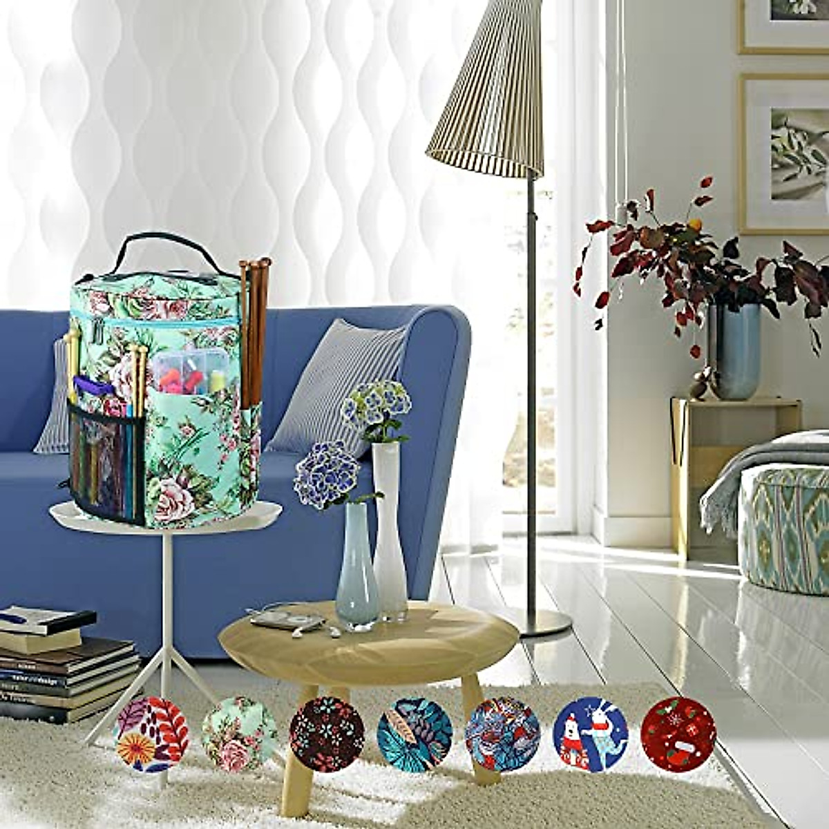 Large Capacity/Portable/Lightweight Yarn Storage Knitting Tote Organizer Bag with Shoulder Strap Handles Looen W/Pockets for Crochet Hooks & Knitting Needles … (Peony Flower)