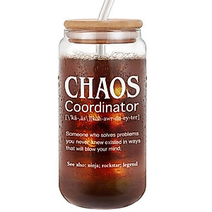 Vakuny Chaos Coordinator Glass Cup - Coworker Gifts for Women - Boss Lady Gifts for Her - Funny Birthday Gifts for Boss, Friends, Teacher, Mom - 16Oz Thank You Gifts Office Beer Can Glass
