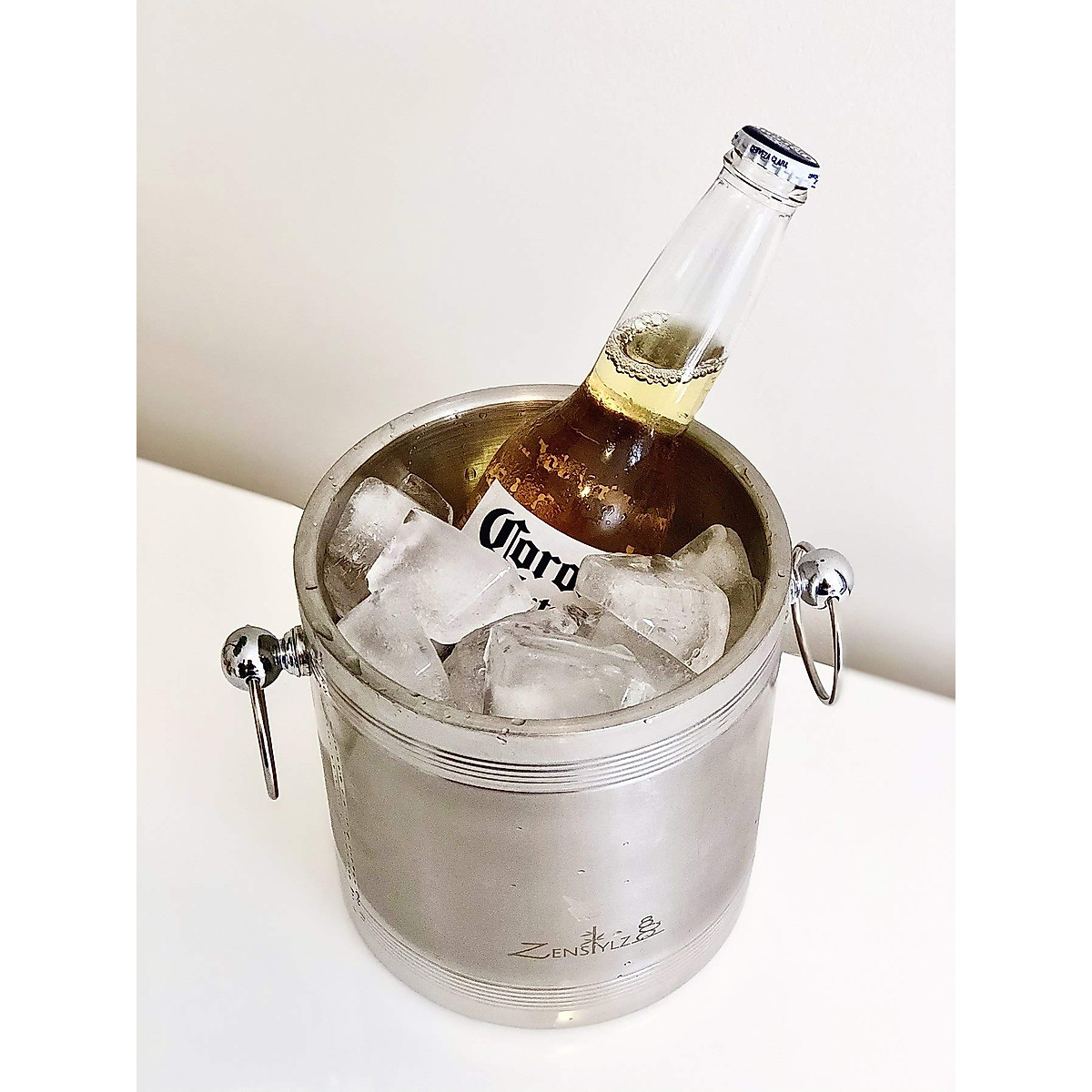 Ice Bucket with Lid, Tongs, Insulated Double Wall Design, Premium Quality Brushed Stainless Steel, Handles, 1.4L, Small, Great as a Gift, Great for Parties