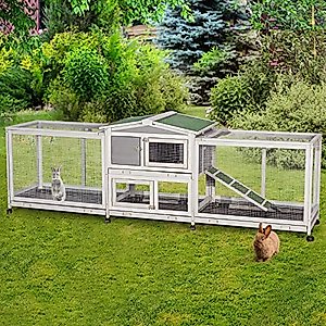 Esright Rabbit Hutch 94.5'' Bunny Cage Two Run Cage Outdoor Wooden Small Animal House on Run, with Removable Tray & Anti-Slip Ramp