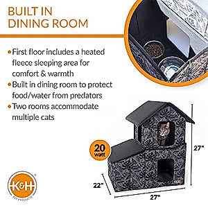 K&H PET PRODUCTS Two-Story Outdoor Kitty House with Dining Room Heated Gray Leaf 22 X 27 X 27 Inches