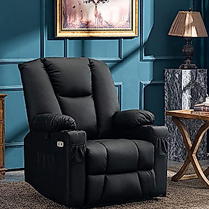 MCombo Electric Power Recliner Chair with Vibration and Heat, Extended Footrest, USB Ports, 2 Side Pockets, Cup Holders, Faux Leather 8015 (Not Lift Chair) (Black)