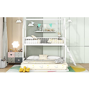 HABUHOME Twin Over Twin House Bunk Bed with Extending Trundle and Ladder, Wooden Bunk Bed Frame for Kids Teens Girls Boys - White