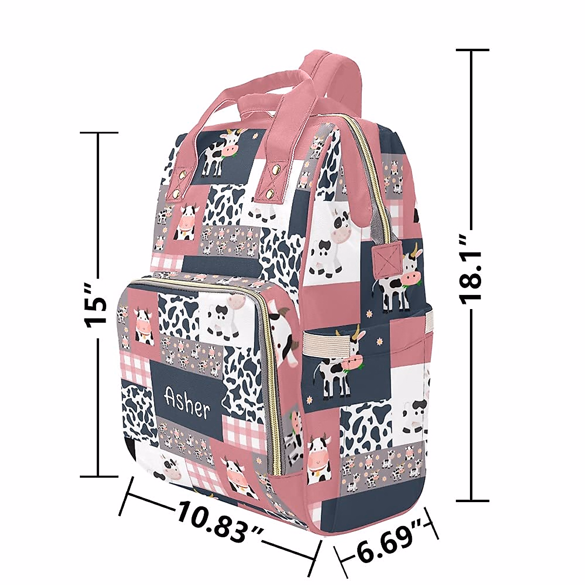 Yeshop Cute Cow Print Personalized Diaper Bag Backpack Tote with Name,Custom Travel Nappy Mommy for Baby Girl Boy Gift, 10.83 * 6.69* 15