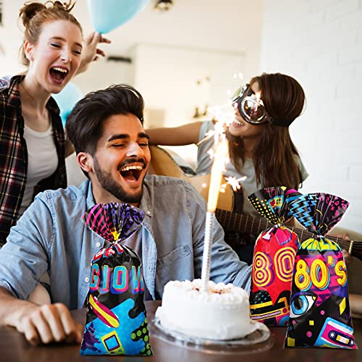 Hotop 100 Pcs 1980s Party Cellophane Bags 80s Gift Treat Bag Goodie Candy with 150 Ties Back to the I Love Retro Themed for Hip Hop Throwback Birthday Decorations Supplies