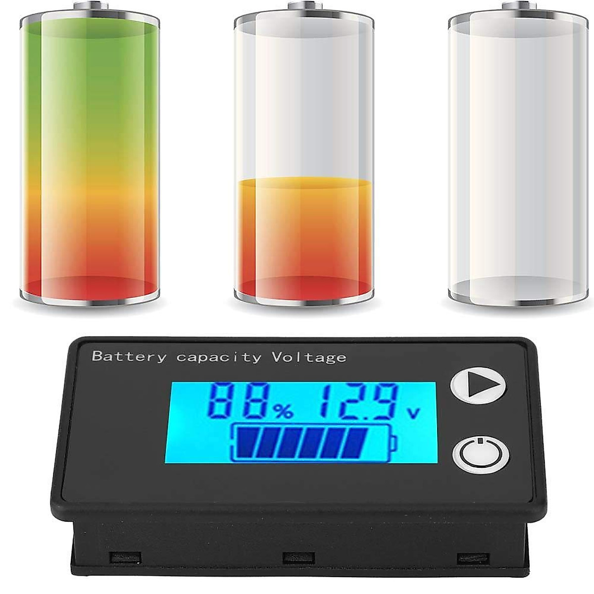 Battery Monitor LCD 12V Digital Battery Capacity Tester Lithium Battery Volt Meter Universal Percentage Display Voltmeter Voltage Indicator ((10-100V) Blue + Alarm)