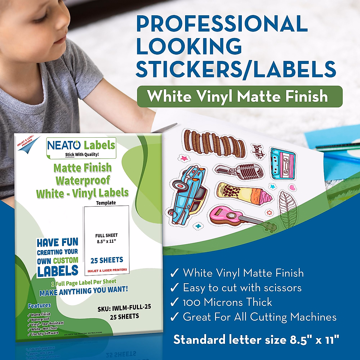 Custom Printable Matte Vinyl Stickers - 25 Sheets - Waterproof, Tear Resistant Full Sheet Label for Inkjet & Laser Printers & All Cutting Machines - 8.5 x 11" - Customizable Blank White Stickers