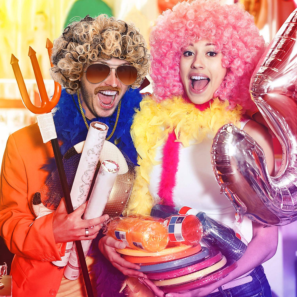 Frienda 4 Pcs 70s 80s Disco Wig Costume Set,Includes Disco Hippie Short Curly Wig,Disco Sunglasses,Moustache and Faux Gold Chain Necklace Afro Brown Wig for Disco Men Women Party