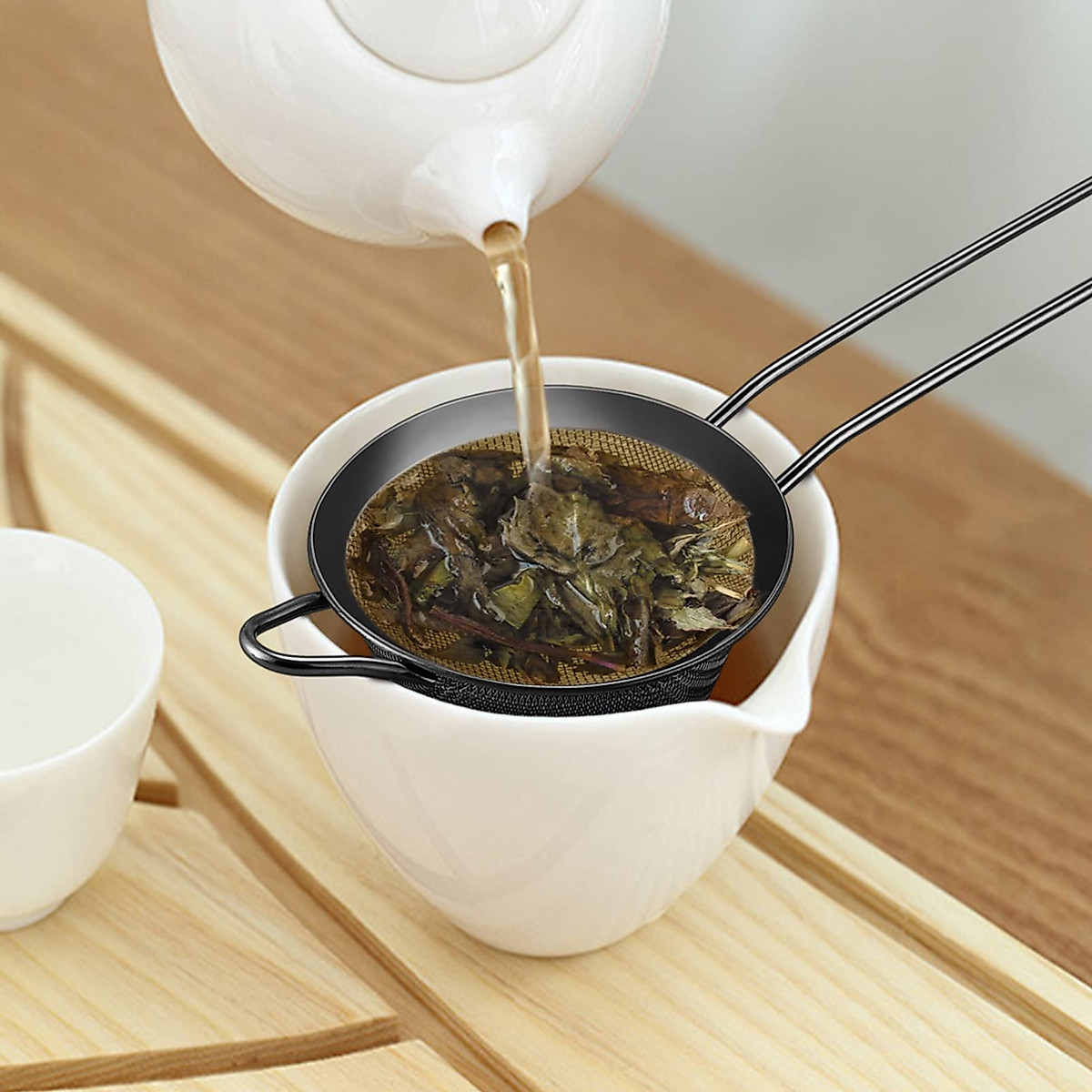 TeamFar Fine Mesh Strainer, 3.3 Inch Stainless Steel Tea Cocktail Coffee Flour Strainer with Long Handle for Kitchen Bar, Small Conical Cone Mesh Strainer, Non-Toxic & Easy Clean, (Set of 2, Black)