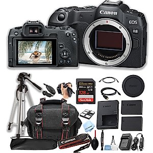 Canon EOS R8 Mirrorless Camera Body + 128GB Pro Speed Memory + Case + Tripod -Proffesional Bundle (Renewed)