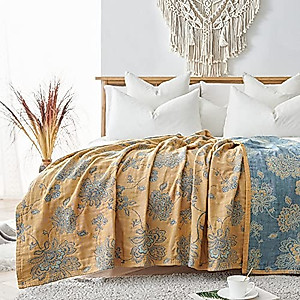 jinchan Yellow Throw Blanket for Couch Spring Cotton Blanket Soft Breathable Lightweight 4 Layer Cozy Blanket Twin Size Reversible Coverlet Floral Blanket Bed Blanket Baby Kid Gift 60x80 Inch