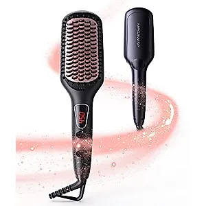 MEGAWISE Pro Ceramic Ionic Hair Straightener Brush for Home Salon, Straightening Hair Brush with 20s Heating Tech, Auto-Off, Anti-Scald with Universal Dual Voltage,Rotatable Power Cord, Black
