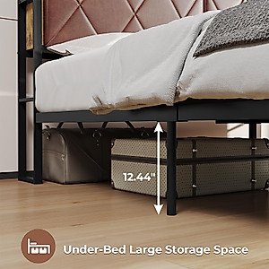 DICTAC King LED Bed Frame with Hidden Storage Headboard, Brown Leather Upholstered Bed Frame with 2 Drawers, Metal Platform King Led Headboard with Charging Station