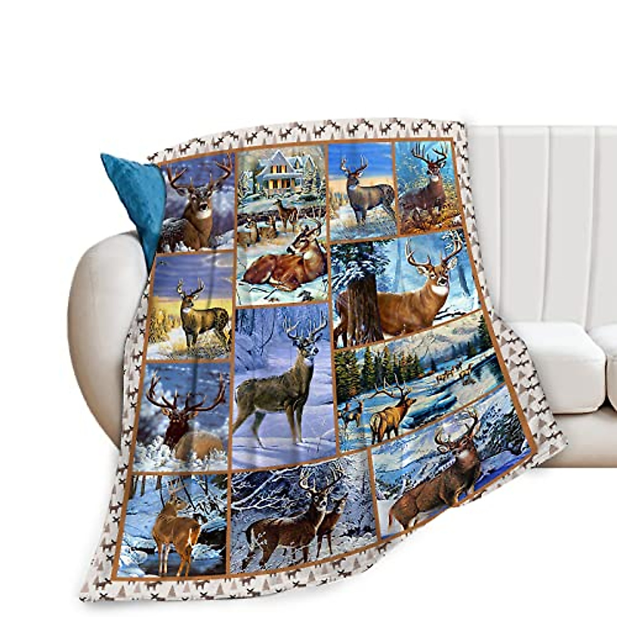 Deer Blanket Super Soft Cozy Forest Snow Elk Fleece Throw Blanket Warm Fuzzy Plush Deer Wildlife Blanket Gifts for Women Kids 50"X60"