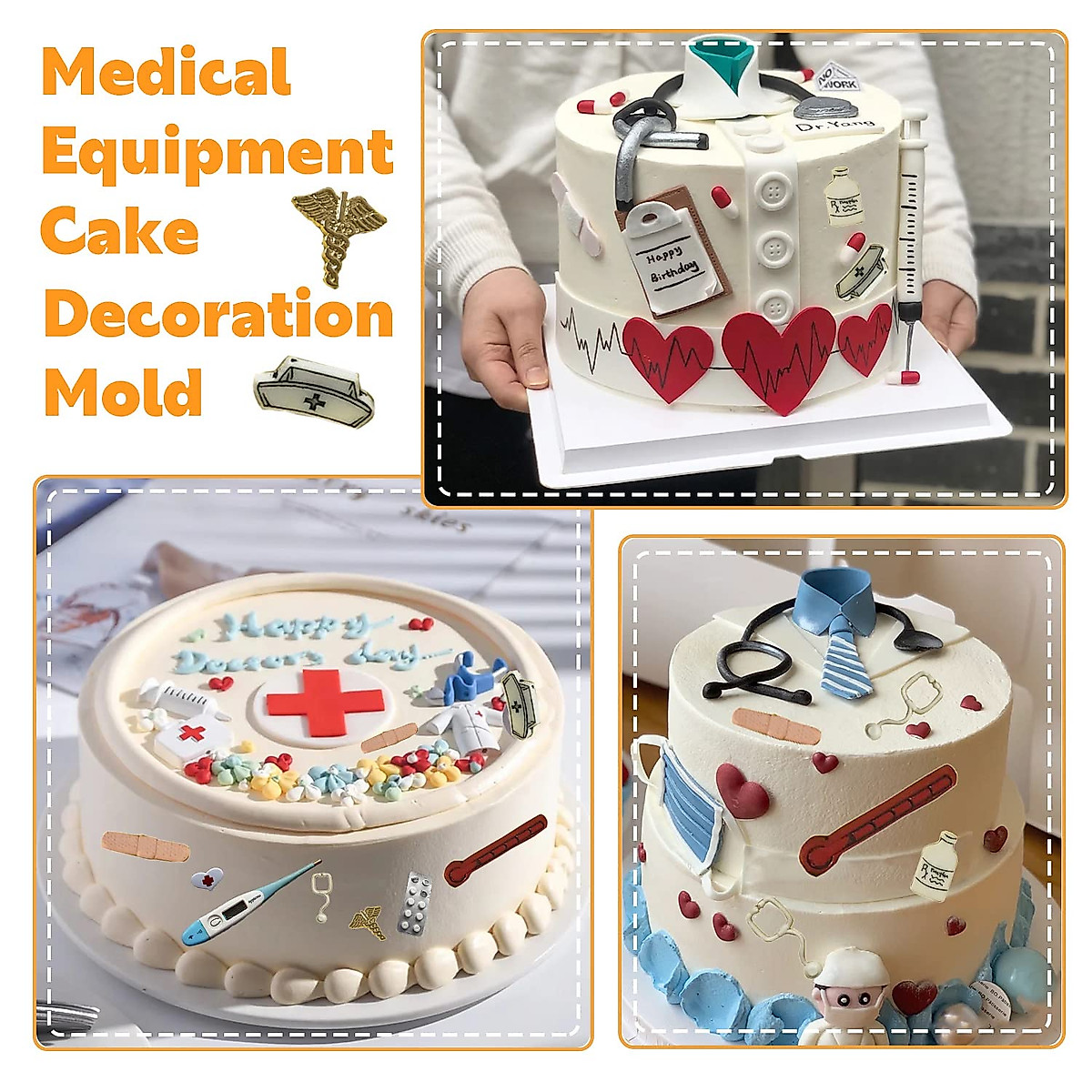 MYPRACS Medical Apparatus Tablet Silicone Mold Nurse Hat Stethoscope Pill Bottle Bandage Thermometer Medical Fondant Mold For Cake Decorating Cupcake Topper Candy Chocolate Gum Paste Clay Set Of 4