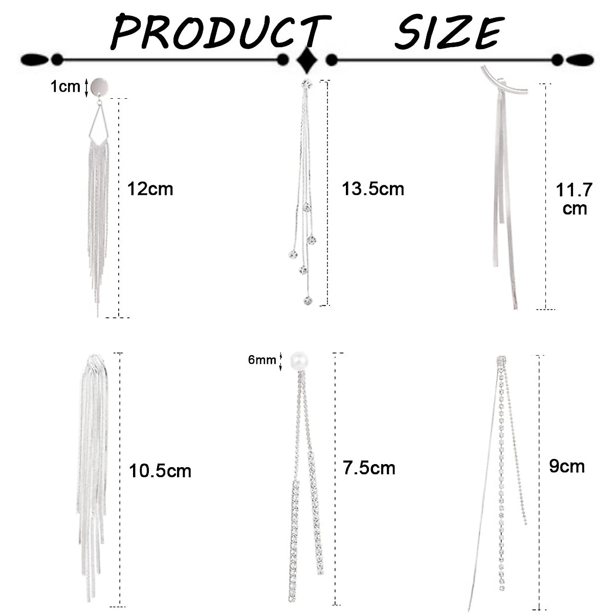 FINZOR 6 Pairs Long Tassel Dangle Drop Earrings for Women Punk Sleek Metal Chain Earrings Wedding Bridesmaid Jewelry（Silver）