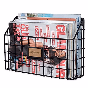 Wall35 Rivista File Holder Home Office Desk Organizer, Wall Mounted Wide Chicken Wire Mail Organizer and Magazine Holder, Metal, Black