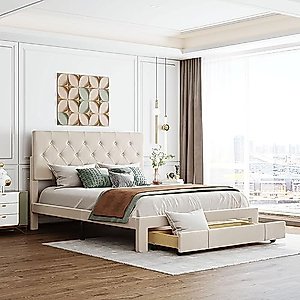 OTRIEK Queen Size Velvet Upholstered Platform Bed Frames with Large Storage Drawer/Headboard, Mid-Century Modern Platform Bed with Solid Wood Slat Support for Bedroom Boys Girls Adults Teens, Beige