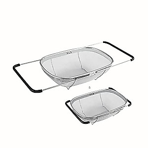 DLD colander stainless steel oval colander with fine mesh 6-quart strainer basket and expandable rubber handle-filter, drain and rinse fruits and vegetables